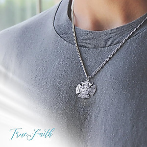 TrueFaithJewelry Sterling Silver St Florian Fire Fighter Shield Medal Patron Saint Pendant Necklace, 1 Inch