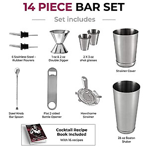FineDine 14-Piece Cocktail Shaker Set Bartender Kit - Boston Shaker w/Strainer, Bar Jigger, Bar Spoon & More - Full Stainless Steel Cocktail Set w/Bar Tools - Drink Mixer Bar Set - Bar Accessories