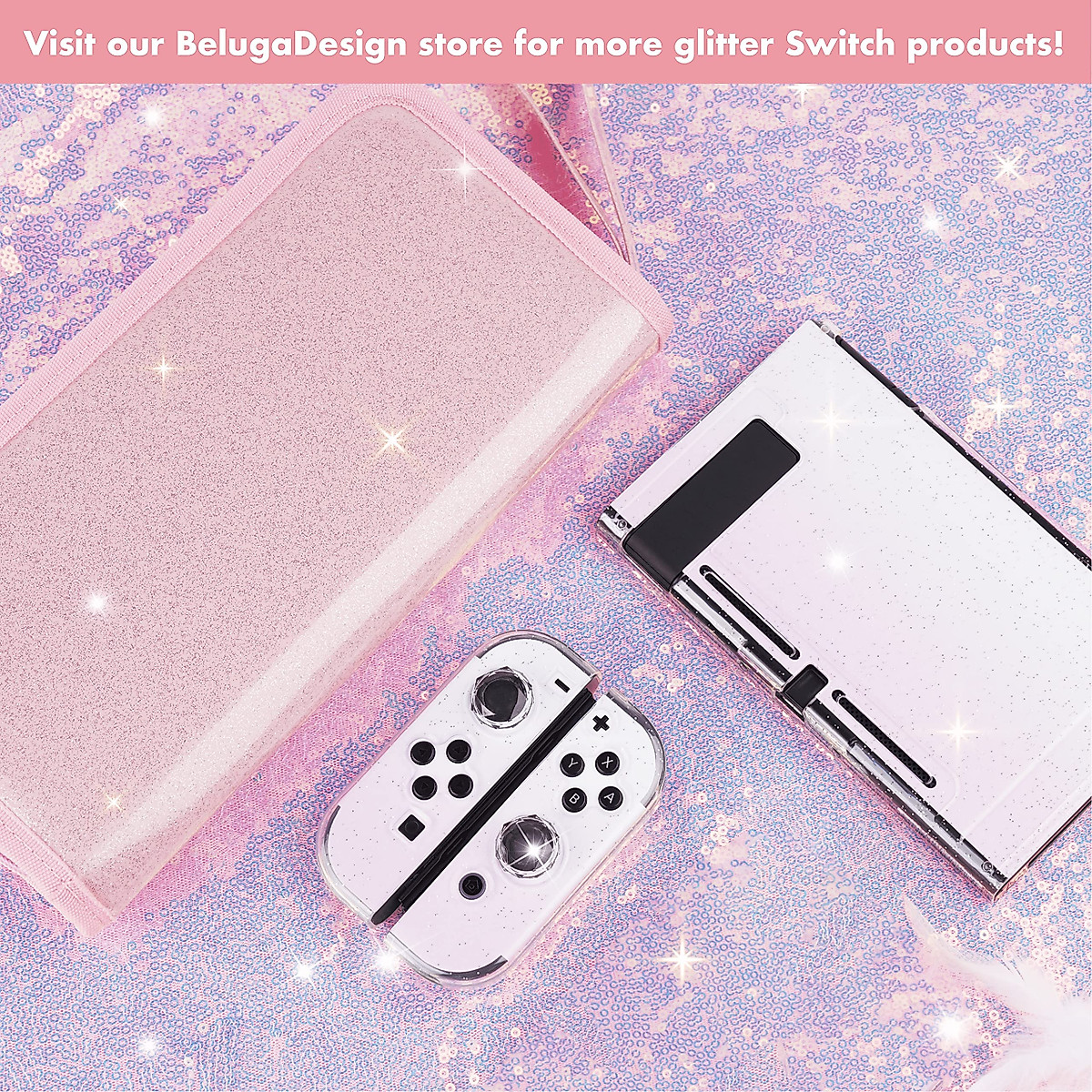 BelugaDesign Glitter Clear Switch Case | Shell Compatible with Nintendo Switch Standard | Dockable Crystal Protective Cover (White Clear)