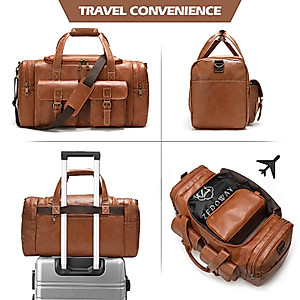 Zeroway PU Leather Travel Duffel Bag with Toiletry Dopp Kit and Laundry Bag, Weekender Overnight bag Luggage Carry-On Bag with Shoe Pouch for Men or Women Brown