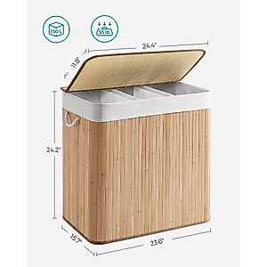SONGMICS Laundry Hamper, 39.6 Gallons (150L), 3-Section Laundry Basket, Laundry Hamper with Lid, Bamboo, Foldable, Removable and Machine Washable Liner, for Laundry Room, Bedroom, Natural ULCB091N01