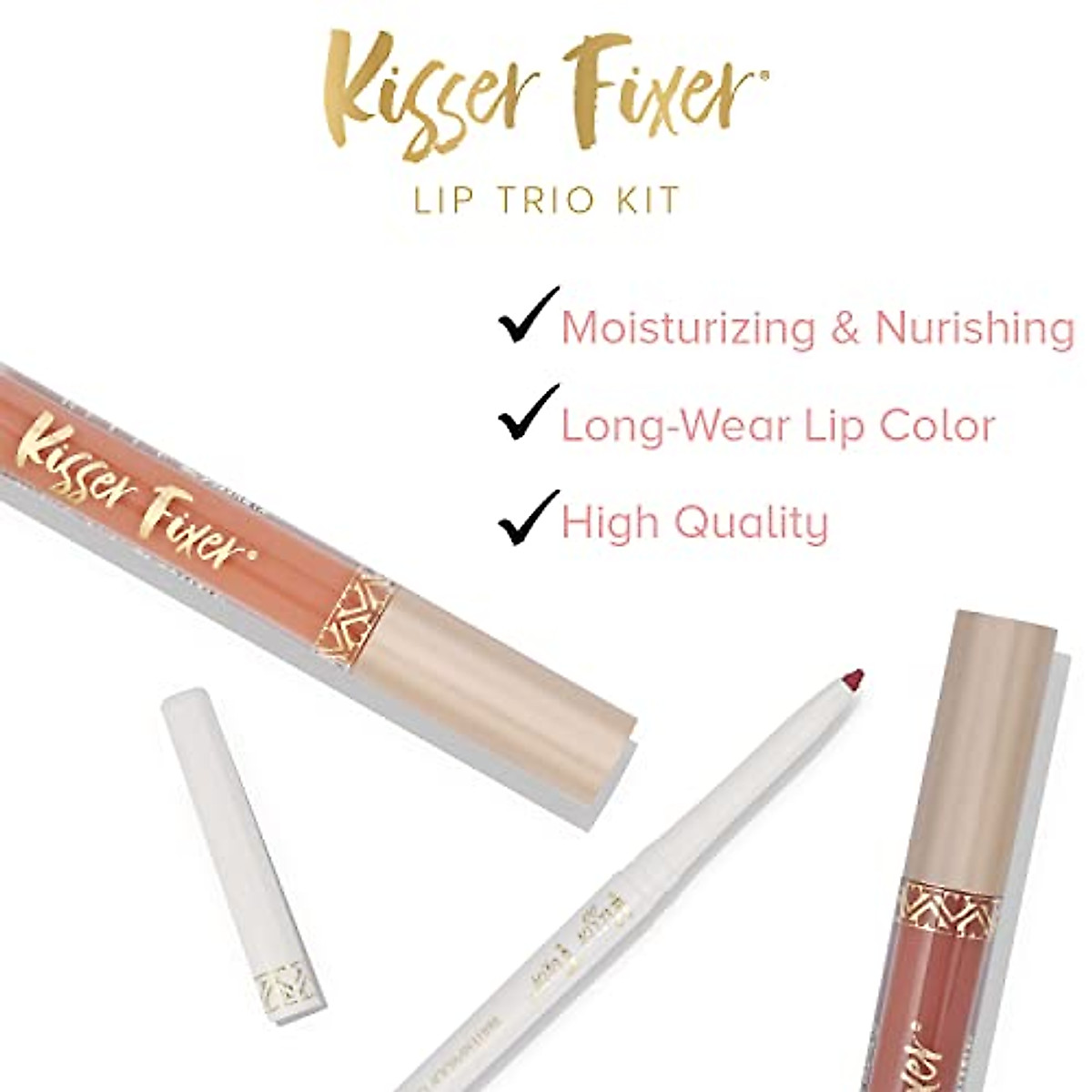 Belle Beauty Lip Kit Trio Bundle Set, Lip Liner, Lipstick, Lip Gloss, Mauve Nude, Kisser Fixer Lip Kit by Kim Gravel, Waterproof, Long Lasting, Hydra High Shine, Pencil Gel, Lips Makeup for Women