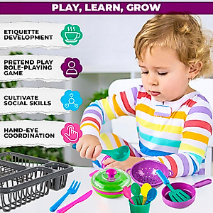 Play Kitchen Pots and Pans for Kids Kitchen Playset - 27Pcs Toy Plates and Dishes for Kitchen Set Plastic Dishes and Utensil Sets for Play Kitchens - Kids Playset Play Dishes for Kids Kitchen Toys