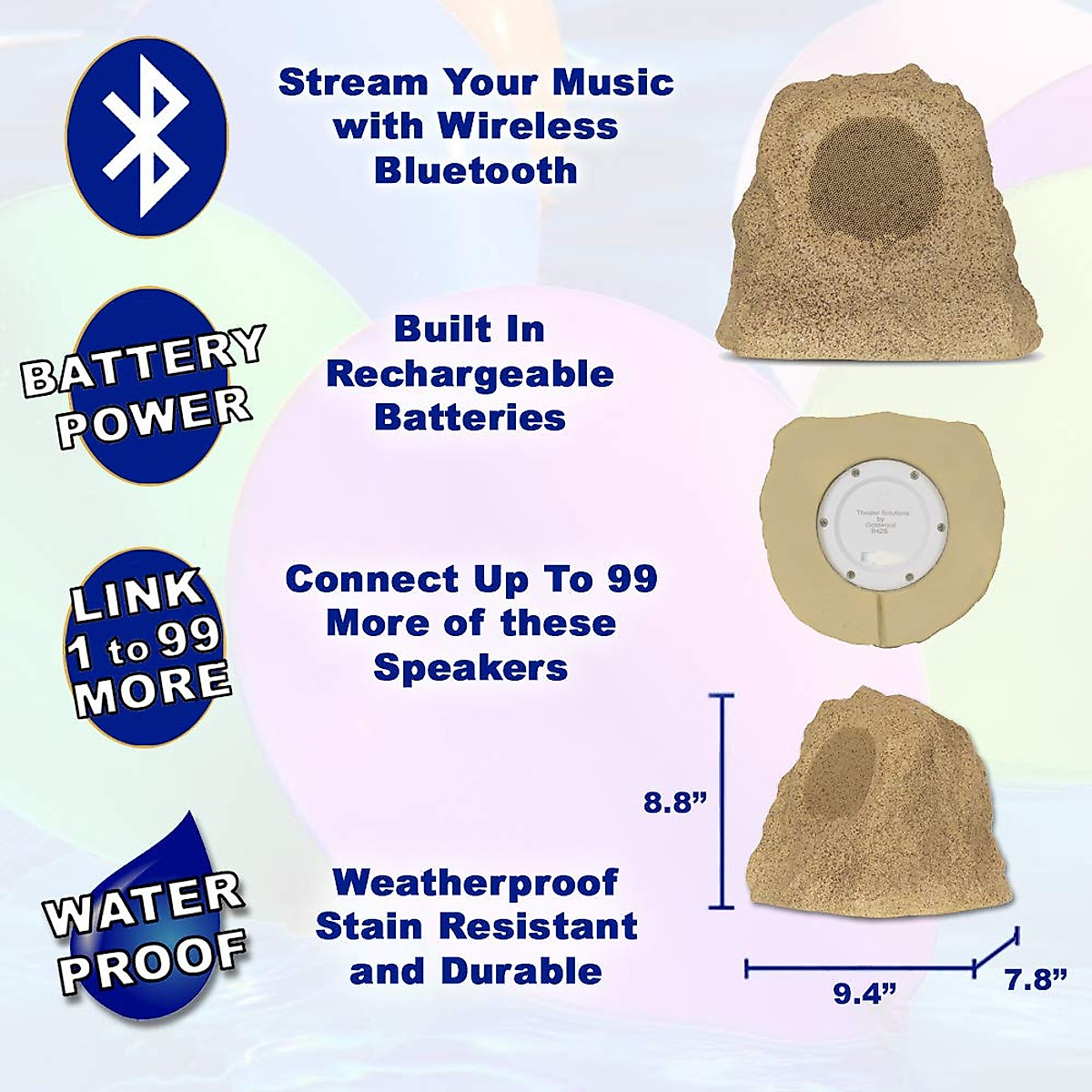 Theater Solutions by Goldwood B42S Wireless Rechargeable Bluetooth Outdoor Rock Speaker System – Sandstone, Set of 2, 120 Watts