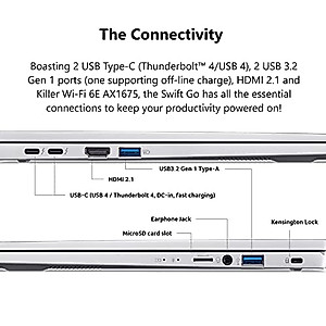 Acer Swift Go 14 Intel Evo Thin & Light Laptop | 14" 2.2K 2240 x 1400 100% sRGB Display | Intel Core i5-1335U | Intel Iris Xe | 16GB LPDDR5 | 512GB Gen 4 SSD | Killer WiFi 6E AX1675 | SFG14-71-54AP