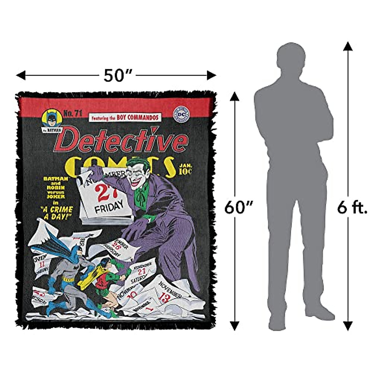 LOGOVISION Batman Blanket, 50"x60" Comic Cover A Crime A Day Woven Tapestry Cotton Blend Fringed Throw