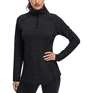 Miusey Long Sleeve Workout Tops for Women to Wear with Leggings,Ladies Hiking T-Shirt with Zipper Classy Plain Quick Drying Polo Pullover Stretch Athletic Pilates Cycling Tee Black2 M