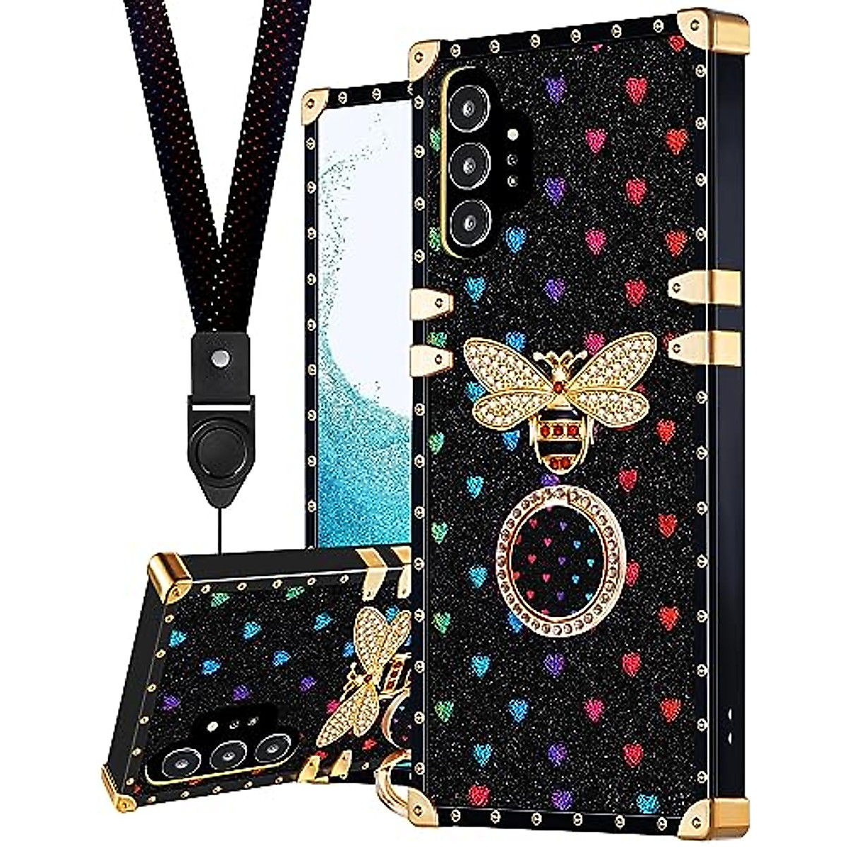 Loheckle for Square iPhone 14 Pro Max Case, Designer Retro Luxury Cases for Women with Ring Stand Holder and Lanyard, Stylish Bee Cute Cover for iPhone 14 Pro Max 6.7 Inch