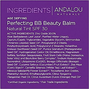 Andalou Naturals Perfecting BB Beauty Balm Natural Tinted Moisturizer with SPF 30, 2-in-1 BB Cream & Face Sunscreen with Broad Spectrum Protection, Mineral Sunscreen with Non-Nano Zinc Oxide, 2 Fl Oz