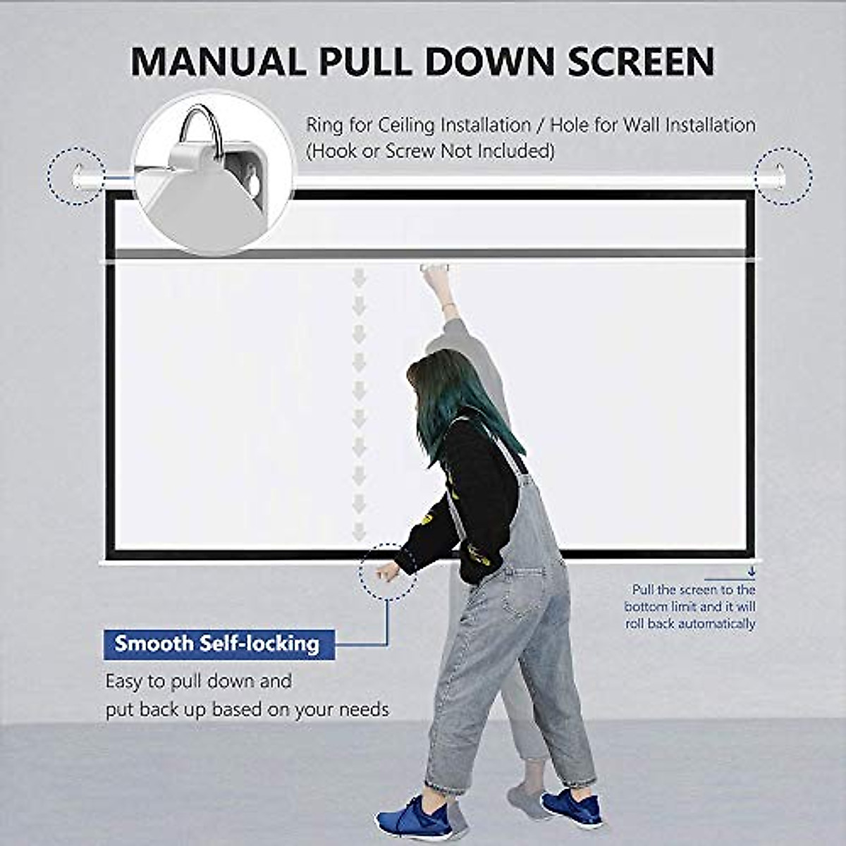 FZZDP Manual Pull Down Projector Screen 120 inch 4:3 Widescreen Retractable Auto-Locking Portable Projection Screen