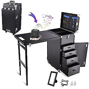 Bei Cheng Rolling Manicure Desk Makeup Train Case Travel Cosmetic Trolley Storage Organizer Nail Tables for Technician Workstation Makeup Salon with 4 Drawers Mirror & Speaker Black