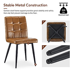 CLIPOP Kitchen Faux Leather Dining Chairs set of 4, Mid-Century Modern Dining Chair with with Square Grid Backrest Heavy Duty Metal Legs, Armless Kitchen Accent Chair for Living Room, Light Brown