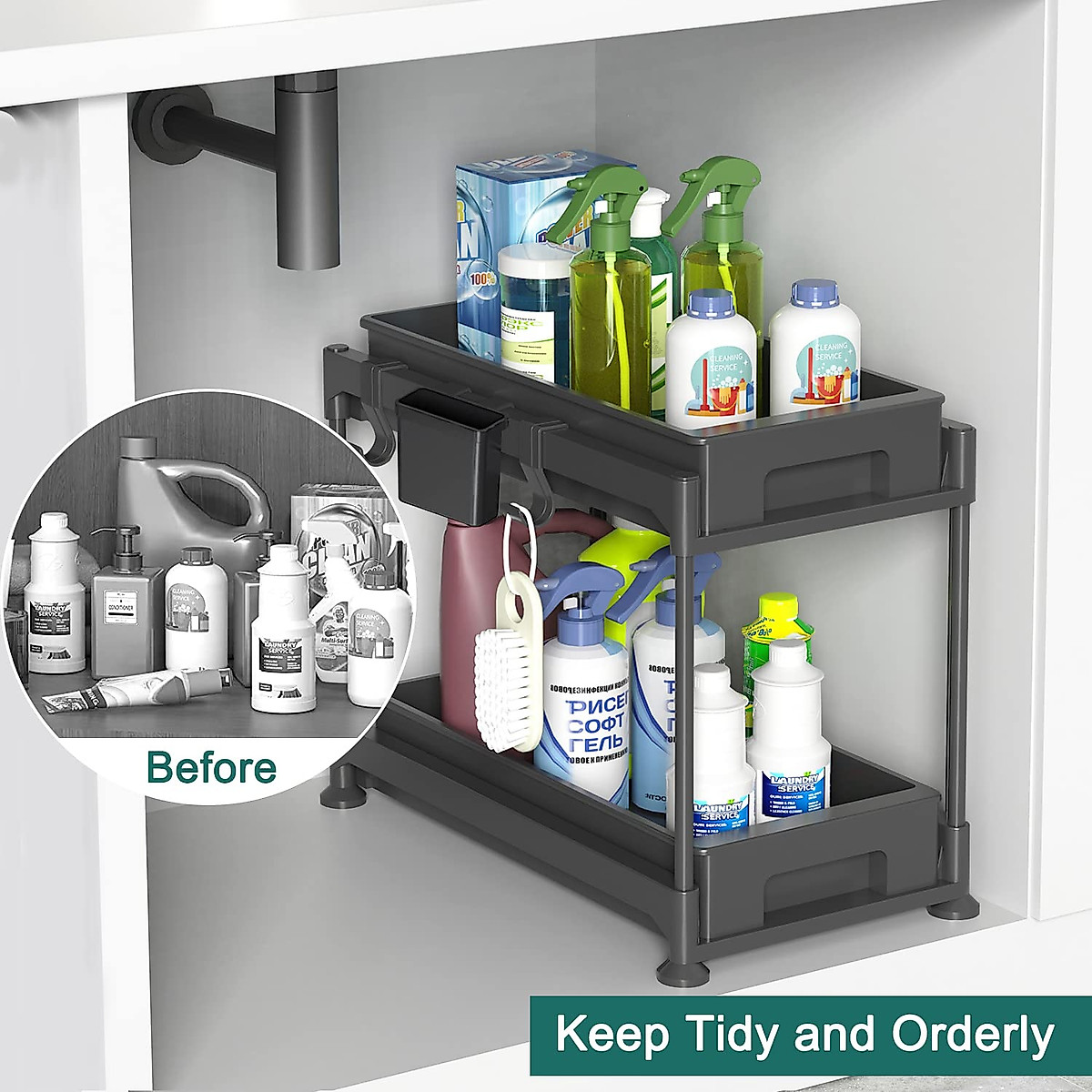 LBW 2 Packs Under Sink Organizer and Storage, 2 Tier Sliding Bathroom Cabinet Organizers Multi-Purpose Kitchen Organization and Storage，Drawer Pantry Organizer with Hooks,Black (Pack of 2)