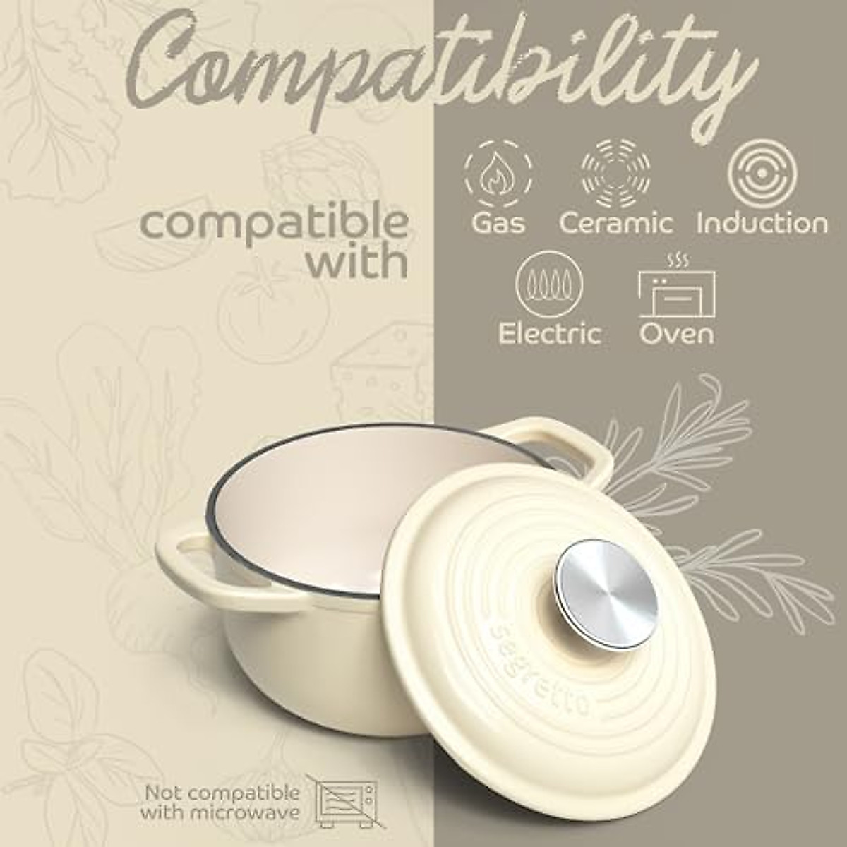 Segretto Cookware Enameled Cast Iron Dutch Oven Pot with Lid Bianco Perla (Pearl White) 1.7 Quarts Dutch Oven Cast Iron with Handle 1.7 qt Enamel Camping Small Dutch Oven for Bread Baking, Cooking