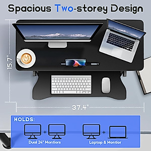 XaGai Standing Desk, 37 Inch Stand Up Desk Converter, Dual Computer Monitors and Laptop Workstation for Home Office, Wide Keyboard Tray Wide 2-Tier Desktop, Black