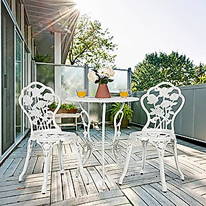 Giantex 3 Piece Bistro Set, Cast Aluminum Porch Furniture, Outdoor Patio Dining Table and Chairs with Umbrella Hole for Balcony Backyard Garden Poolside (White Rose Pattern)