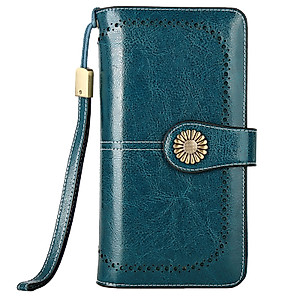 KELEEL Women's RFID Blocking Wallet Genuine Leather Clutch Wallet Card Holder Organizer Ladies Purse (Blue)