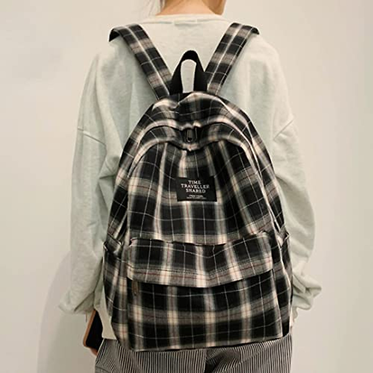 Aesthetic Backpack Checked Backpack Japanese School Bag Backpack for Girls Teens Aesthetic Daypack Preppy School Supplies (Black)