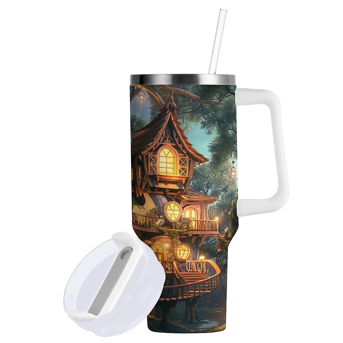 ODAWA Bright Fantasy Tree House Insulated Coffee Mug with Lid Coffee Tumbler Reusable Stainless Steel Tumblers