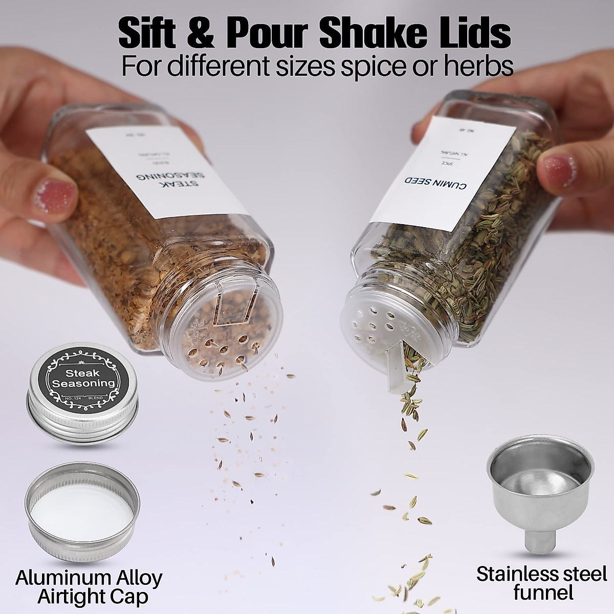 Brippo Spice Drawer Organizer with 35 Spice Jars, 328 Labels, Sift and Pour Shake Lids with Airtight Aluminium Caps, 4 Tier (2 Set) Clear Acrylic Drawer/Countertop Tray Rack with Seasoning Containers