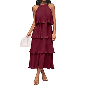 ZESICA Women's 2024 Summer Sleeveless Halter Neck Ruffle Tiered Layed Chiffon Flowy Swing Long Midi Dress,Wine,Medium