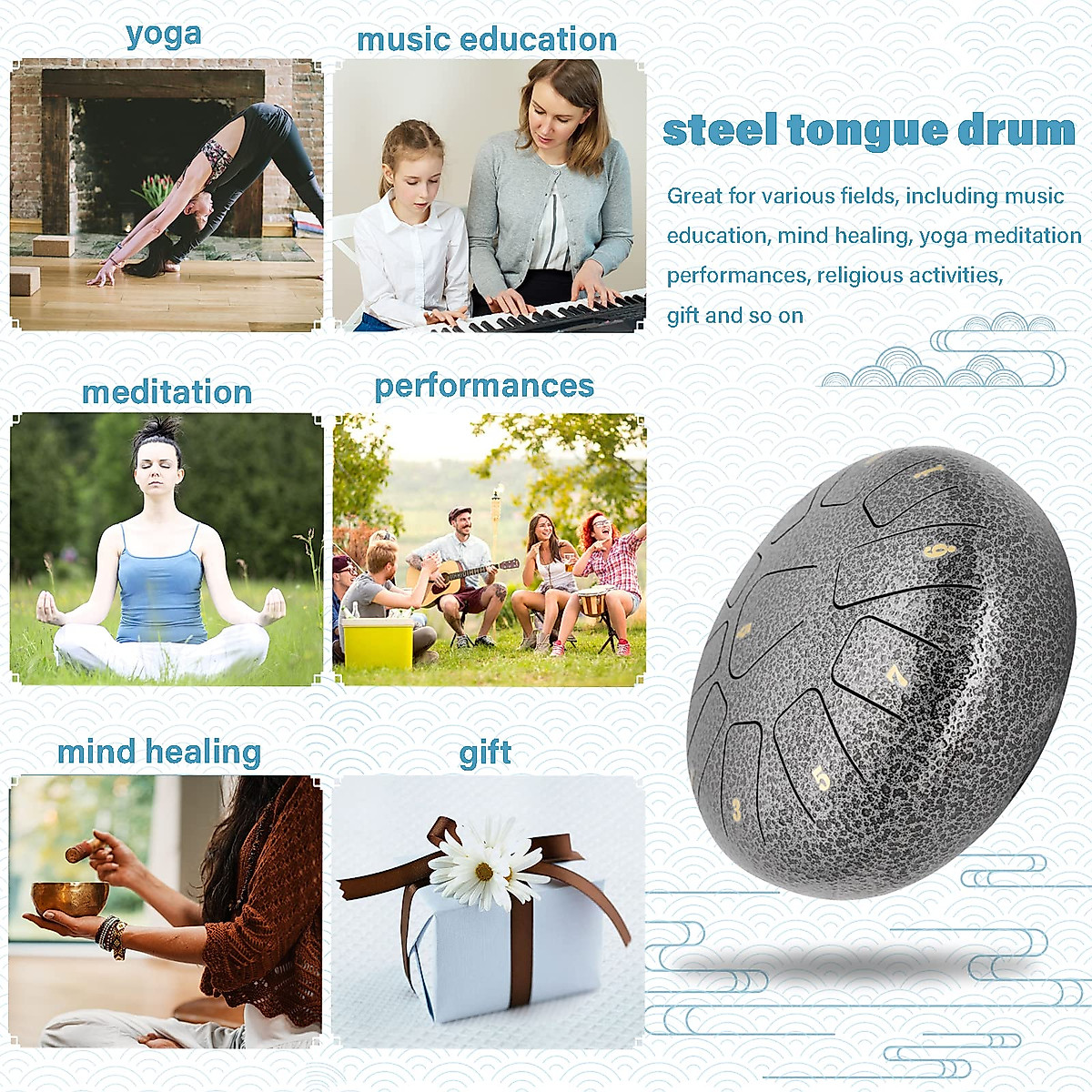 Steel Tongue Drum, 11 Notes 10 Inch Tank drum percussion instrument, C Key Handpan Drum for Kids and Adults, Musical Education Mind Healing Yoga Meditation (silver white Worry Free Drum)