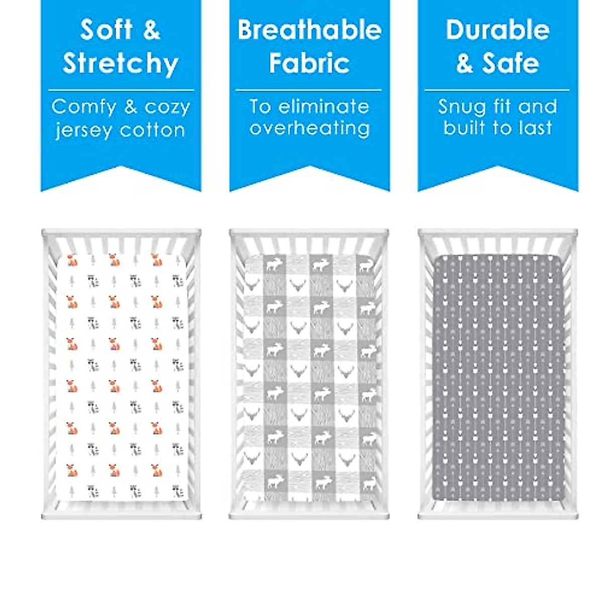 GROW WILD Crib Sheet 3 Pack | Soft Boy Crib Sheets Neutral | Grey Baby Crib Sheets for Boys | Woodland Nursery Crib Mattress Sheet (Forest Fun)