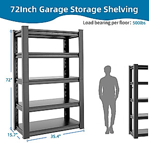 FLIXELIO 72" H Garage Shelving Heavy Duty Storage Shelves, 5 Tier Adjustable Steel Storage Racks for Garage, 2500LBS Load Metal Industrial Shelving Units, Utility Shelf Rack (72"*35.4"*15.7")