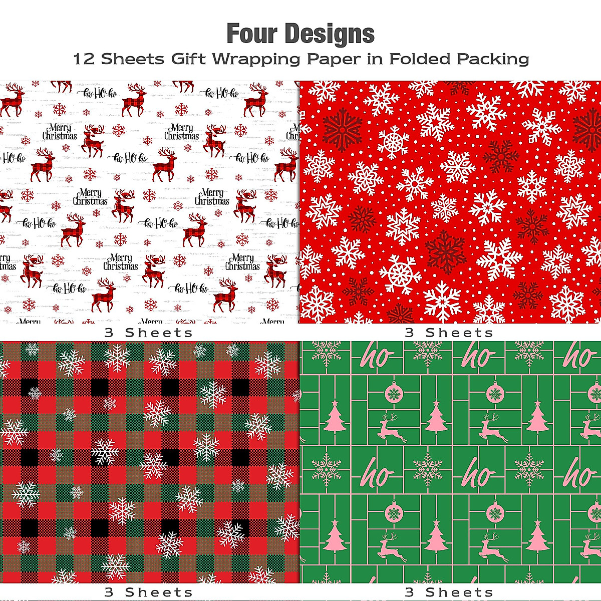 MotiGiftie Christmas Wrapping Paper for Kids Adults - Xmas Wrapping Paper with Red/Green Plaid, Reindeer, Snowflakes, “Ho Ho” Xmas Trees - 20 x 28 Inches, 12 Folded Sheets, Easy to Store