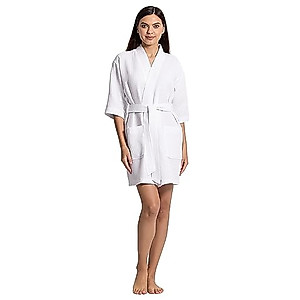 Chakir Turkish Linens Lightweight - Quick Dry Waffle Knit Bath, Spa and Bridesmaids Kimono Short Robe (White, One Size)