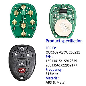 Key Fob Keyless Entry Remote Replacement for Chevy Traverse 2007-2016 Tahoe Suburban GMC Acadia Yukon XL Buick Enclave Cadillac Escalade Saturn Outlook OUC60270 OUC60221 (Set of 2)