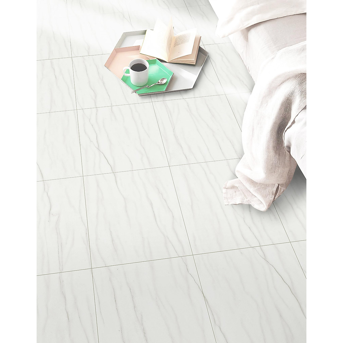 Peel and Stick Floor Tile Vinyl Flooring Peel and Stick Flooring White Marble Self Adhesive Floor Tile for Bathroom and Bedroom Marble Look 12x12 Inch (12 PCS)