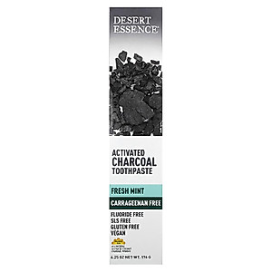Desert Essence Activated Charcoal Toothpaste - Fluoride and Carrageenan Free - Brighter Teeth and Fresher Breath with Activated Coconut Shell Charcoal, Baking Soda, and Fresh Mint - 6.25 oz