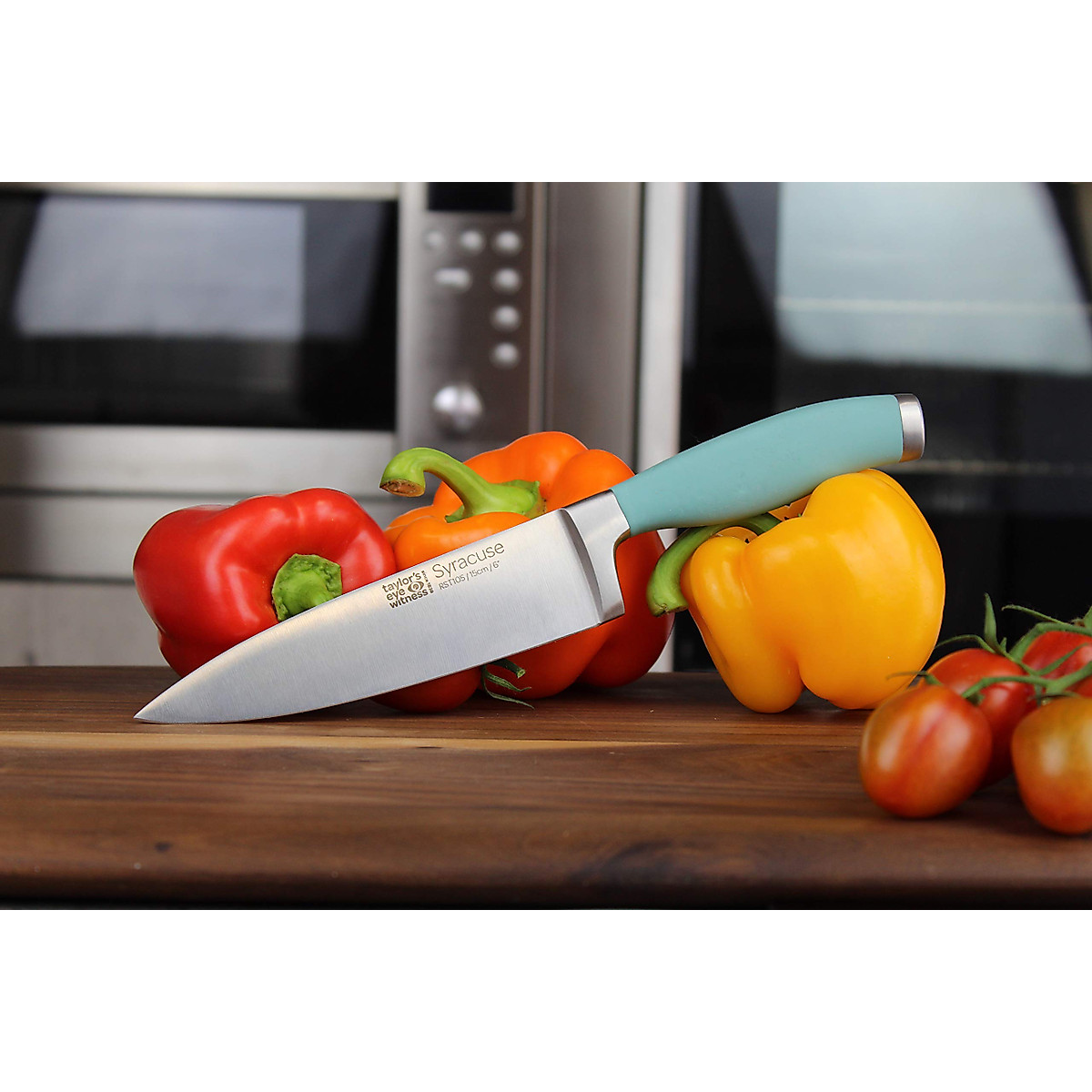 Taylors Eye Witness Syracuse Kitchen Knife 3pce Set - Paring 8cm/3.5”, Chefs 15cm/6” & Cooks All Purpose 13cm/5” Cutting Edge. Ultra Fine, Razor Sharp Blade. Soft Textured Grip Aqua Blue Handle