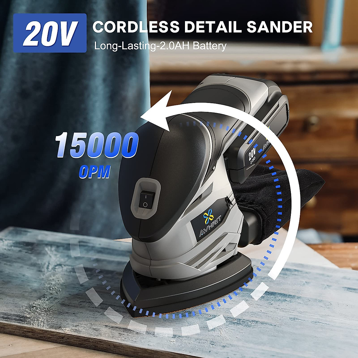 Cordless Detail Sander for Woodworking,20V Hand Sander with 1X2.0A Battery & Charger, 15000 OPM Mouse Detail Sander with 15PCS Sandpapers, Efficient Dust Collection System Tools for Wood Furniture