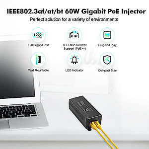 YuLinca Gigabit PoE+ Injector 60W, 802.3af/at/bt Power Over Ethernet PoE Adapter, 10/100/1000Mbps, Non-PoE to PoE Adapter, Plug & Play, Distance Up to 100 Meters (328 ft.)