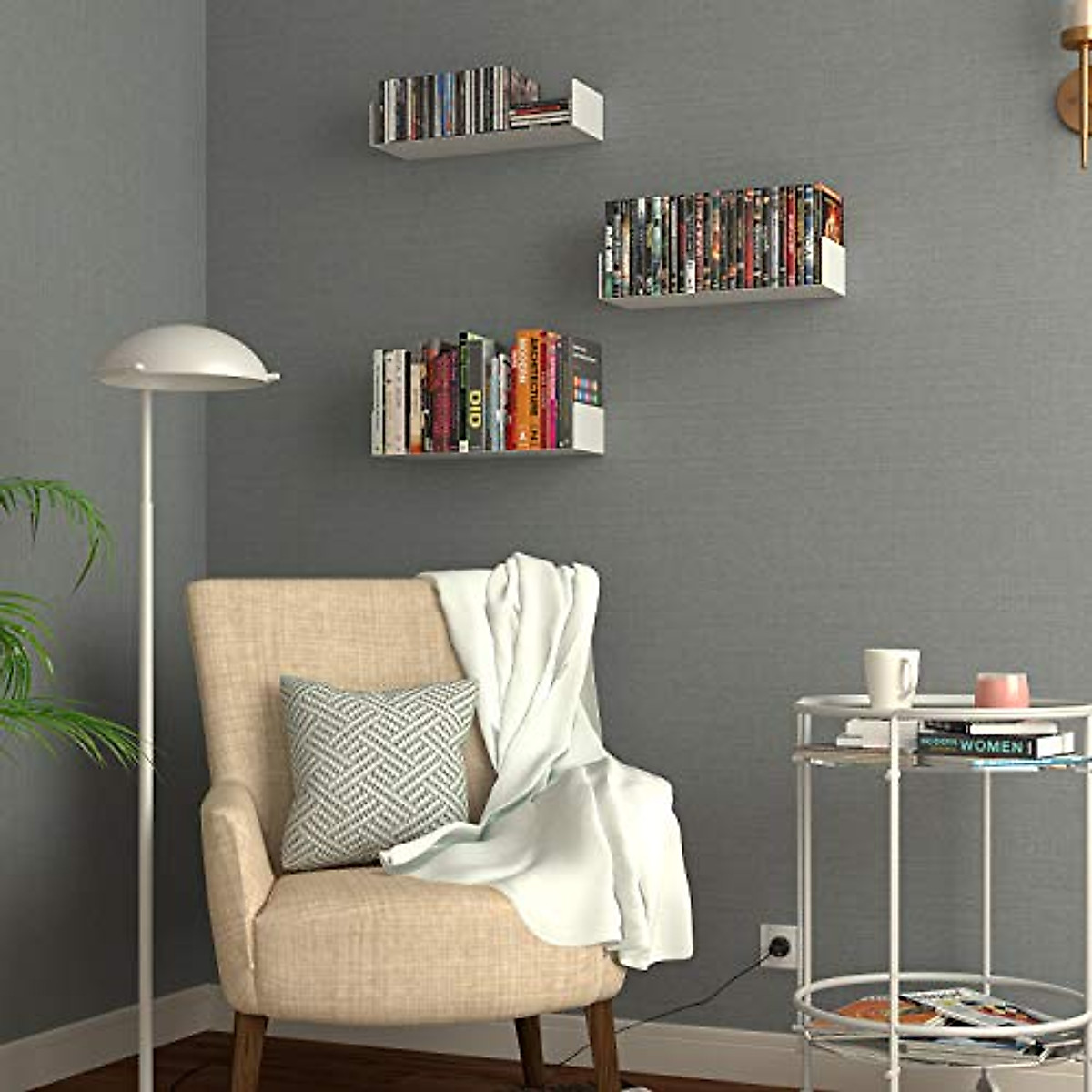 Wallniture Bali White Floating Shelves for Wall, CD DVD Storage Shelves and Metal Bookshelf Set of 3