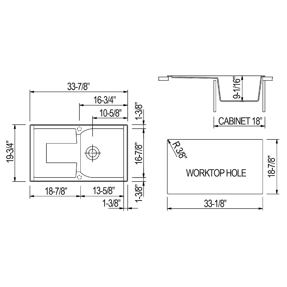 Alfi Brand AB1620DI-BLA Black 34" Single Bowl Granite Composite Kitchen Sink with Drainboard
