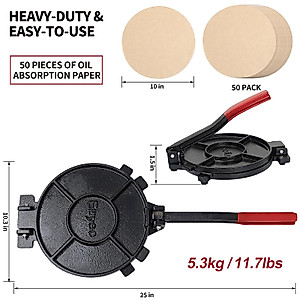 Ezyec Cast Iron Tortilla Press 8-10 Inch, Large Roti Maker with Silicone Grip Handle for Roti, Taco, Flour, Corn, Dough, Chapati, Sturdy Prensa Para Tortillas Maker Press W/ 50 Pcs Parchment Paper