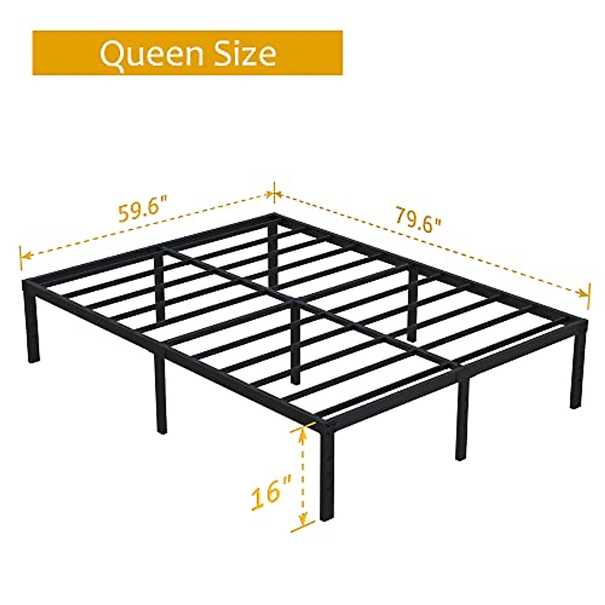 Maenizi 16 Inch Queen Bed Frame No Box Spring Needed, Heavy Duty Metal Queen Platform Bed Frame Support Up to 3000 lbs, Easy Assembly, Noise Free, Black