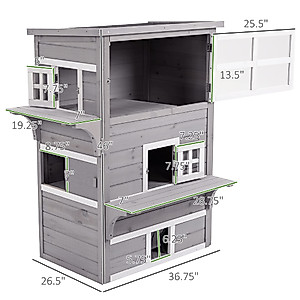 PawHut 3-Story Cat House Feral Cat Shelter, Outdoor Kitten Condo with Raised Floor, Asphalt Roof, Escape Doors, Jumping Platforms, Gray