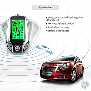 EASYGUARD EC204 2 Way car Alarm System with PKE Passive keyless Entry, Rechargeable LCD Pager Display & Remote Trunk Release, Shock Warning DC12V