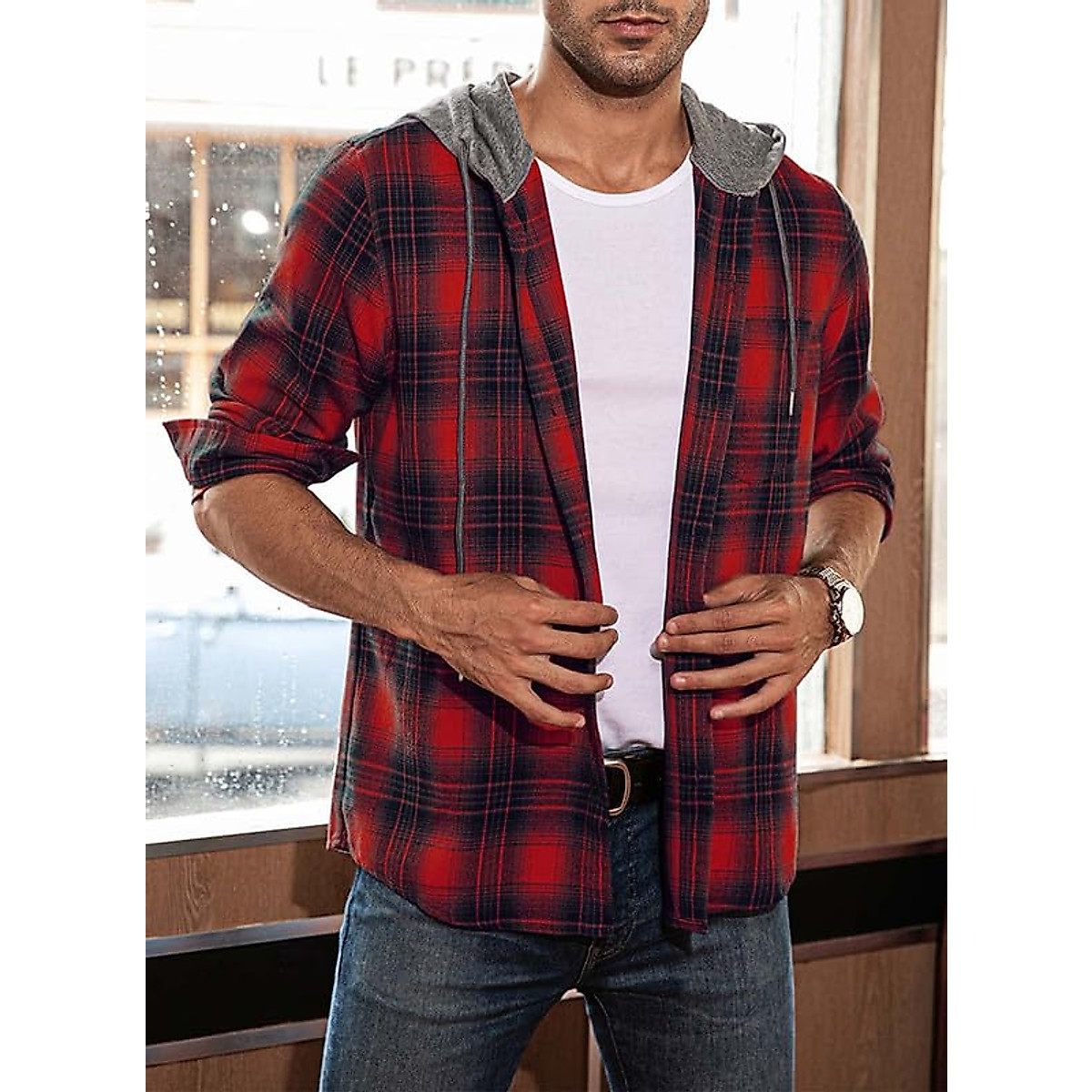 JMIERR Flannel Hoodies for Men Casual Button Down Plaid Long Sleeve Lightweight Winter Shirts Jackets,US 46 (XL),0Red