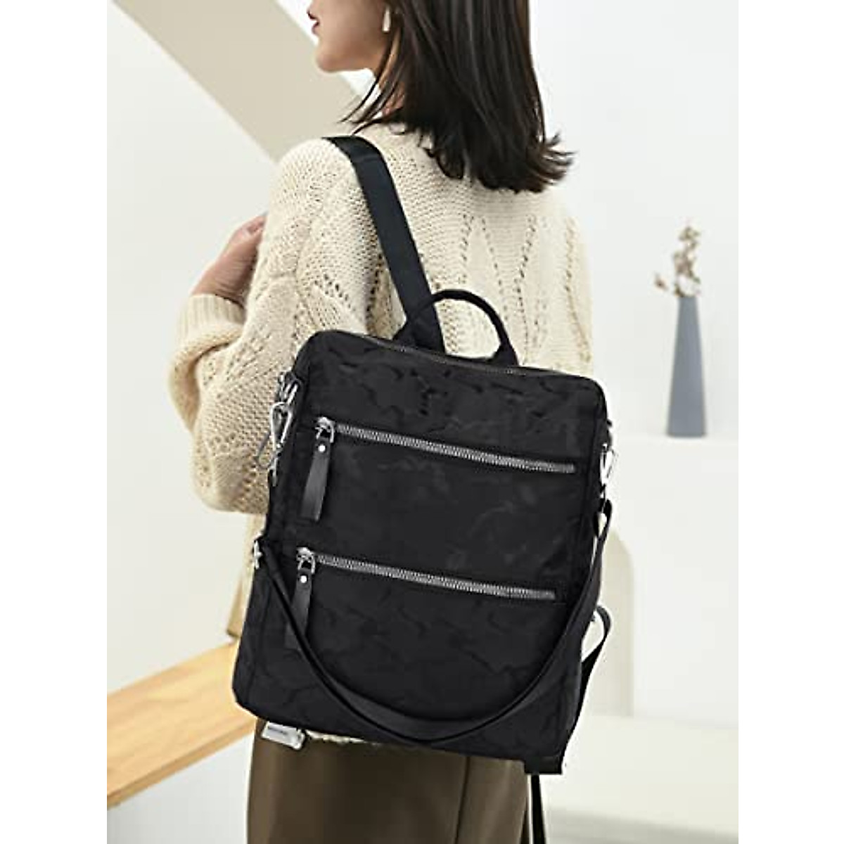 UTO Camo Waterproof Backpack for Women Durable Nylon Multipurpose Roomy Multi pockets Travel Business Shoulder Bag New Camo Black