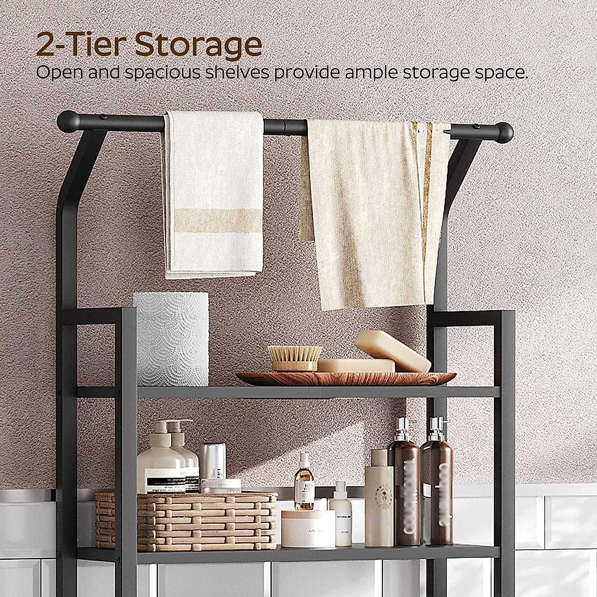 YATINEY Over The Toilet Storage, 2-Tier Bathroom Organizer Shelves with Hooks, Multifunctional Vertical The Toilet Shelf Storage Rack for Bathroom, Black TR01BB