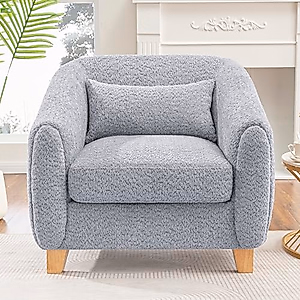 Living Room Single Sofa Chair,Modern Upholstered Teddy Sherpa Fabric Upholstery Accent Arm Chair,Comfy Reading Lounge Tub Barrel Club Arm Chair for Bedroom Small Spaces,Tufted Decorative,Lumbar Pillow