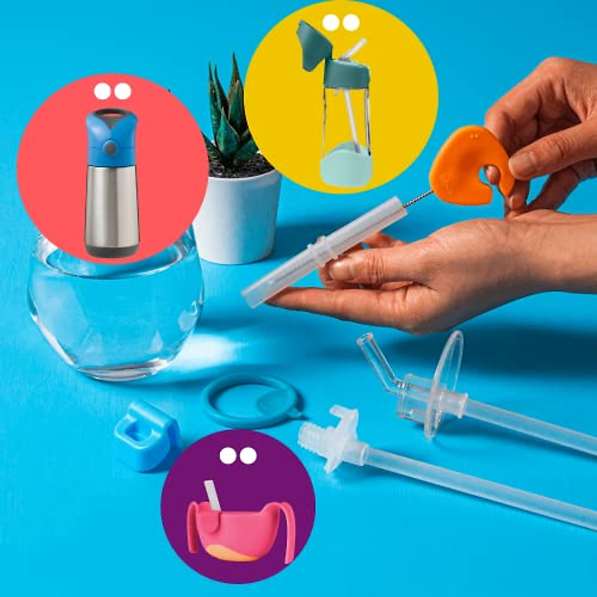 b.box Cleaning Brush Set of 5 Brushes for Sippy Cups, Water Bottles, Bottle Nipples and Straws. Brushes Clip in and Out All on One Handy Ring