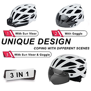 Bike Helmet for Men Women Bicycle Helmet with Removable Visor & Magnetic Goggles Adjustable Size Safety Breathable Mountain & Road Bicycle Helmets Adult Cycling Helmets with Taillight (White)