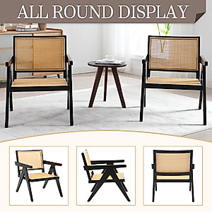 ABET Cane Accent Chairs Set of 2, Wooden Comfy Rattan Living Room Chairs with Woven Backrest & Seat, Solid Leisure Armchair, Mid-century Boho Cane Lounge Chairs for Bedroom, Patio, Balcony, Black