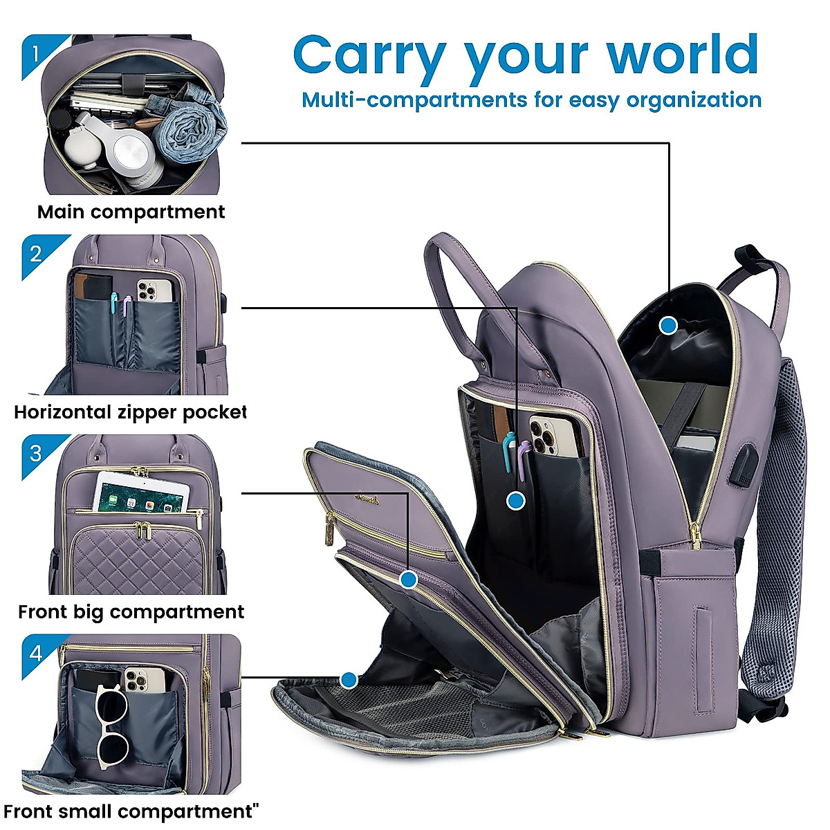 LOVEVOOK Laptop Backpack for Women, Water Resistant Travel Work Backpacks Purse Stylish College Bookbag Business Teacher Nurse Computer Bag with USB Charging Port, Fits 15.6" Laptop